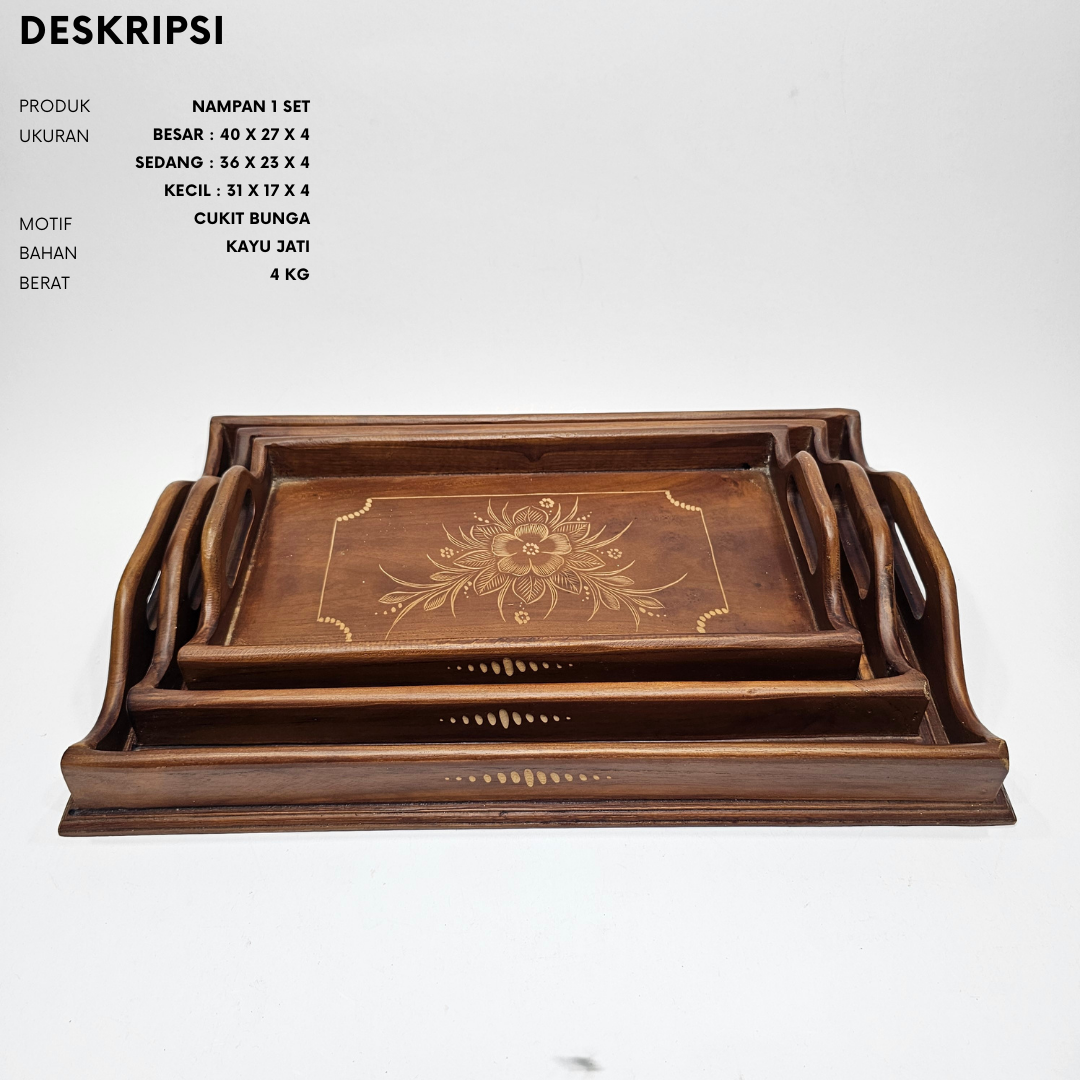 Nampan 1 Set Kayu Jati Motif Ukir Cukit - Pusaka Keris